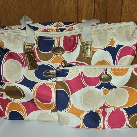 Coach | Bags | Coach Multicolor Tote And Pouch Set | Poshmark